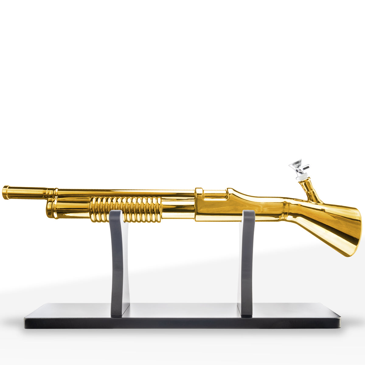 Novelty | Shotgun Water Pipe w/ Wooden Base | 26" - Glass - Gold