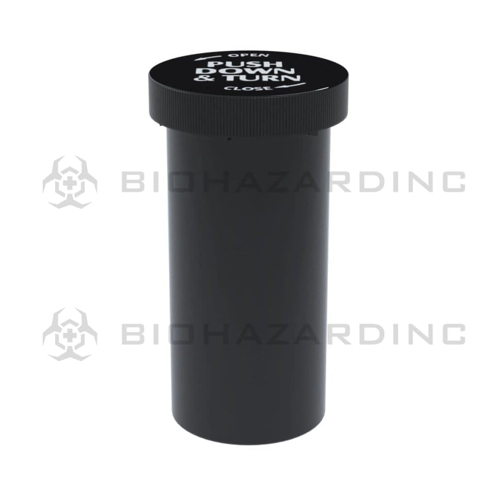 Child Resistant | Opaque Black Push & Turn Cap Vials | 40 Dram - 10 Gr