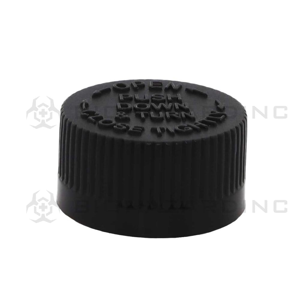 Child Resistant | Push Down & Turn Embossed Text Plastic Caps | 22mm